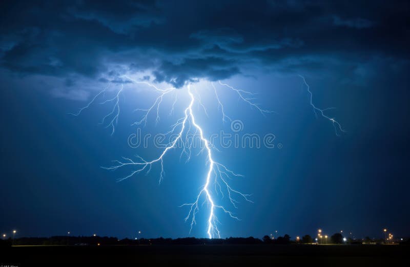 Dramatic Lightning Strike Illuminates Dark Night Sky. Powerful Blue ...