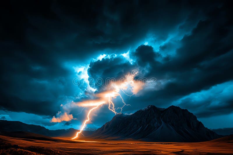 A Dramatic Lightning Strike Illuminates the Dark Sky Over a Mountain ...