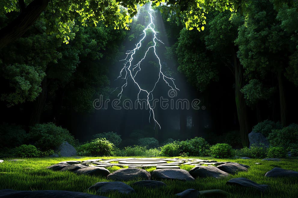 A Dramatic Lightning Strike Illuminates a Forest Path, Creating a ...