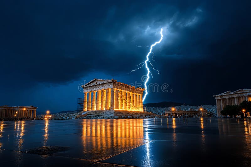 A Dramatic Lightning Strike Illuminates a Historic Temple Reflected in ...