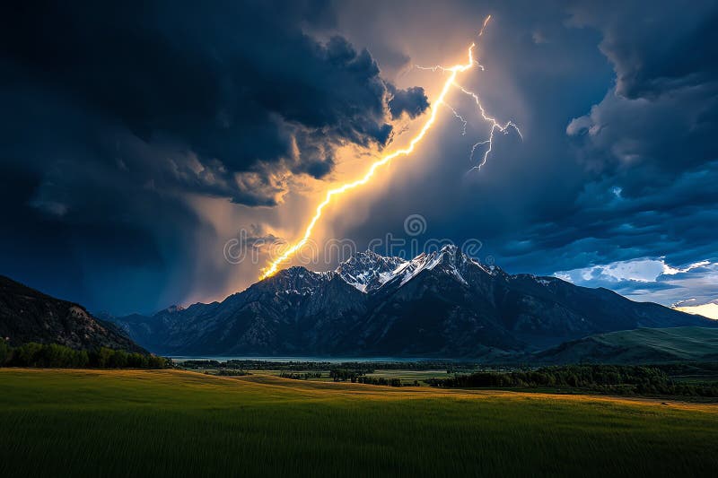 Dramatic Lightning Strike Illuminates a Mountain Range with Snow-capped ...