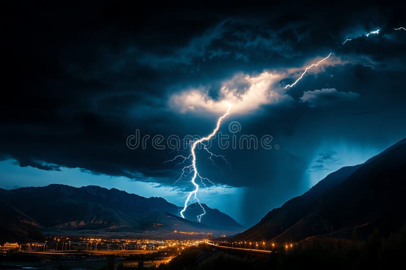 A Dramatic Lightning Strike Illuminates the Night Sky Over a Mountain ...