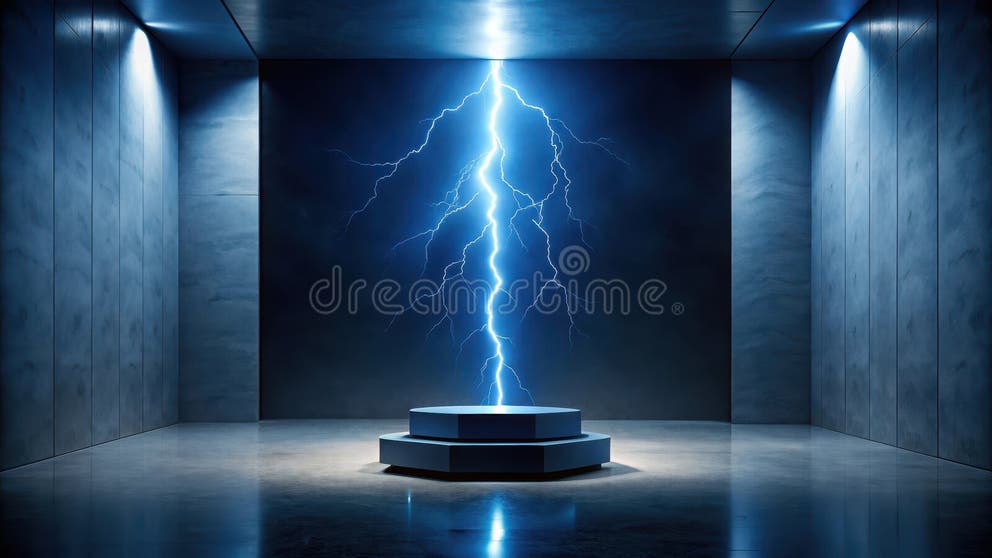 Dramatic Lightning Strike Illuminates a Sleek Hexagonal Platform in a ...