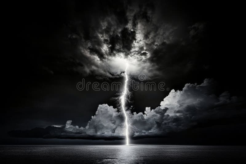 Dramatic Lightning Strike Illuminates Stormy Clouds Over Calm Ocean at ...