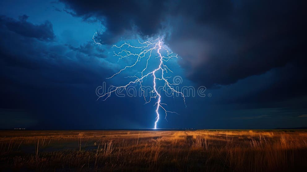 Spectacular Lightning Strike Over Serene Landscape at Night Stock ...