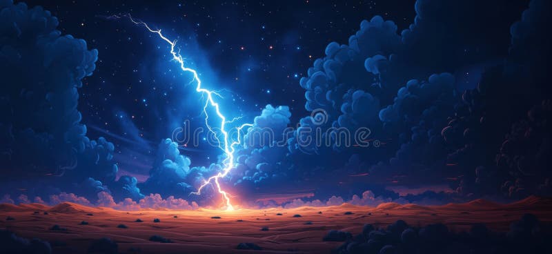 Dramatic Lightning Strike Illuminating Desert Landscape Under Starry ...