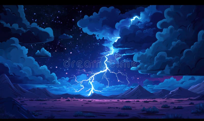 Dramatic Lightning Strike Illuminating Desert Landscape Under Starry ...