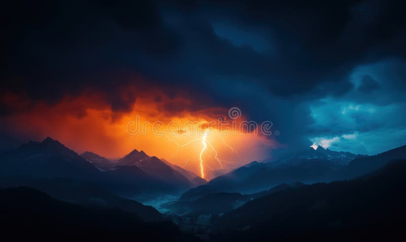 Dramatic Lightning Strike Illuminating Mountain Landscape Under Stormy ...