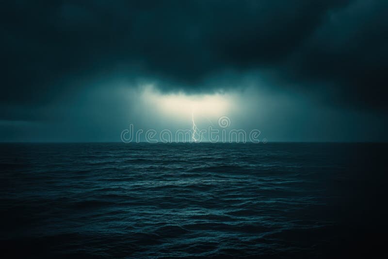 Lightning Illuminates Stormy Ocean Under Dark Clouds during Evening ...
