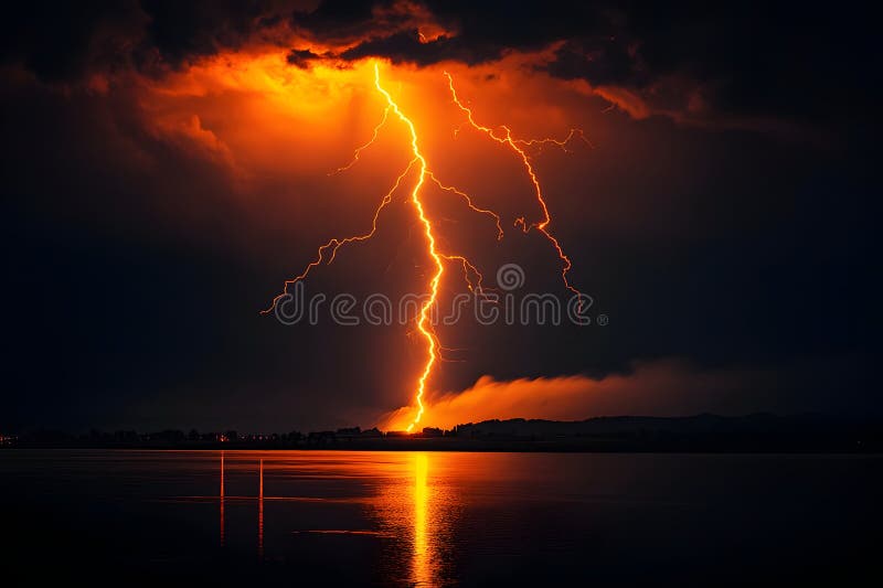 Dramatic Lightning Strike Over Calm Lake at Night Stock Image - Image ...
