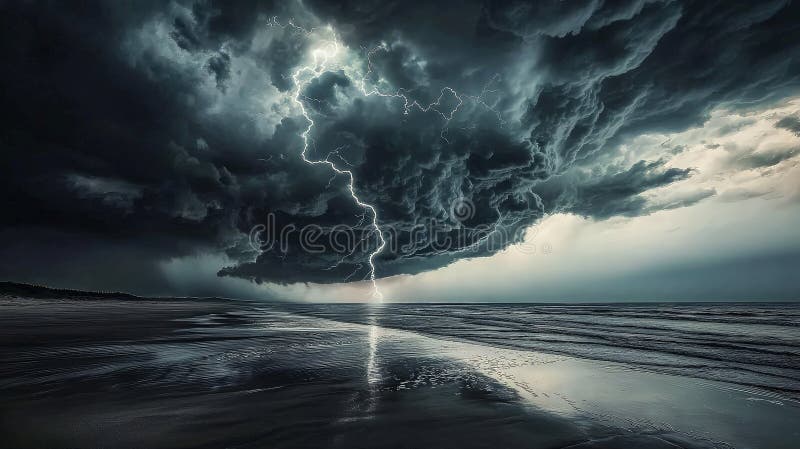 Dramatic Lightning Strike Over a Dark Ocean Beach Stock Image - Image ...