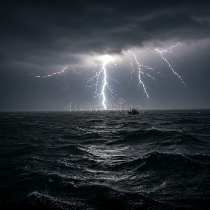 Dramatic Lightning Strike Over Dark Ocean at Night Stock Illustration - Illustration of powerful ...