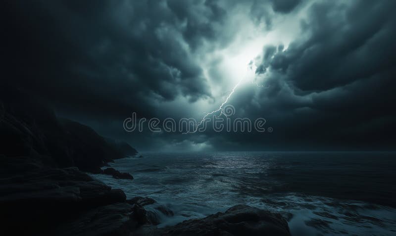 Dramatic Lightning Strike Over Dark Ocean Waves Amidst Stormy Clouds ...