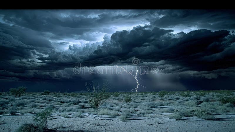 Dramatic Lightning Strike Over a Desert Landscape during a Powerful ...