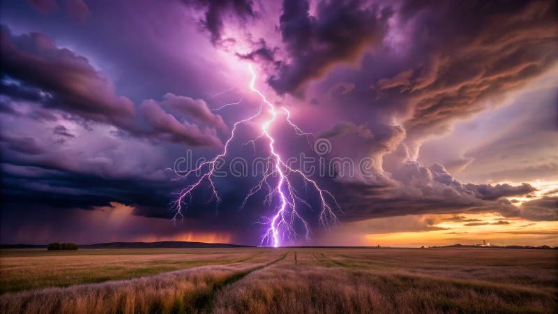A Dramatic Lightning Strike Over a Field at Sunset, Wide Shot, Dramatic Sky, Lightning, Sunset ...