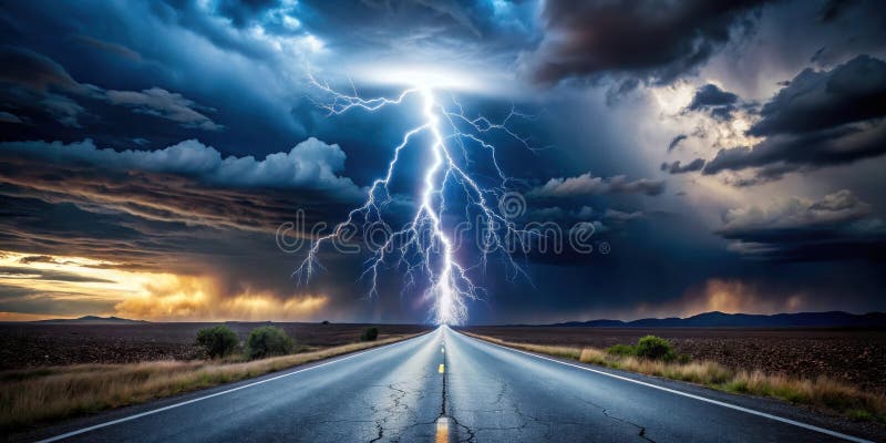 Dramatic Lightning Strike Over a Long, Straight Highway. Generative AI ...