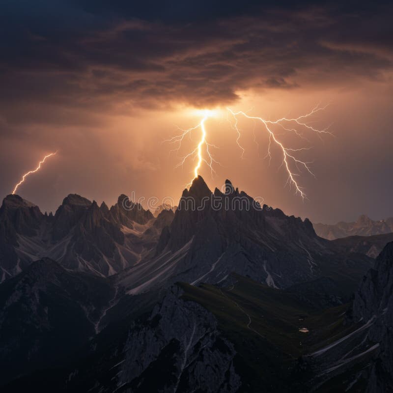 Dramatic Lightning Strike Over Mountain Range at Night Stock ...