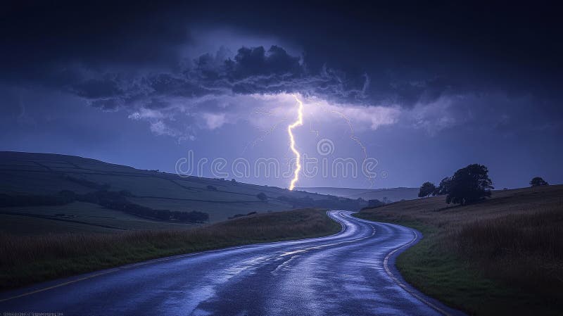 Dramatic Lightning Strike Over Nighttime Countryside Road Stock ...