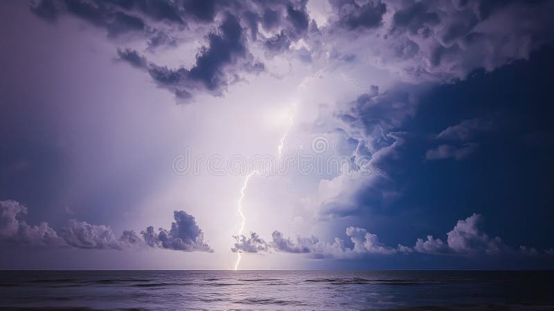 Dramatic Lightning Strike Over Ocean at Night Stock Photo - Image of ...