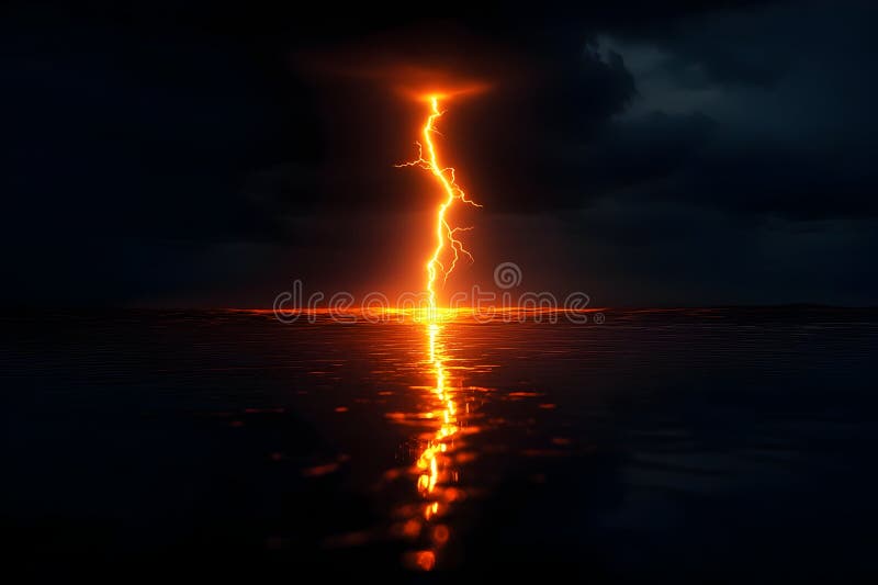 Dramatic Lightning Strike Over Ocean at Night with Intense Orange Glow ...