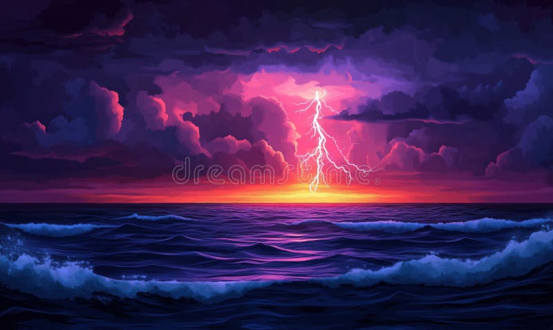 Dramatic Lightning Strike Over Ocean at Sunset with Vibrant Colors and ...