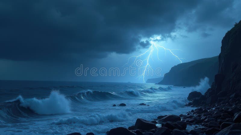 Dramatic Lightning Strike Over Ocean Waves at Night Stock Illustration ...