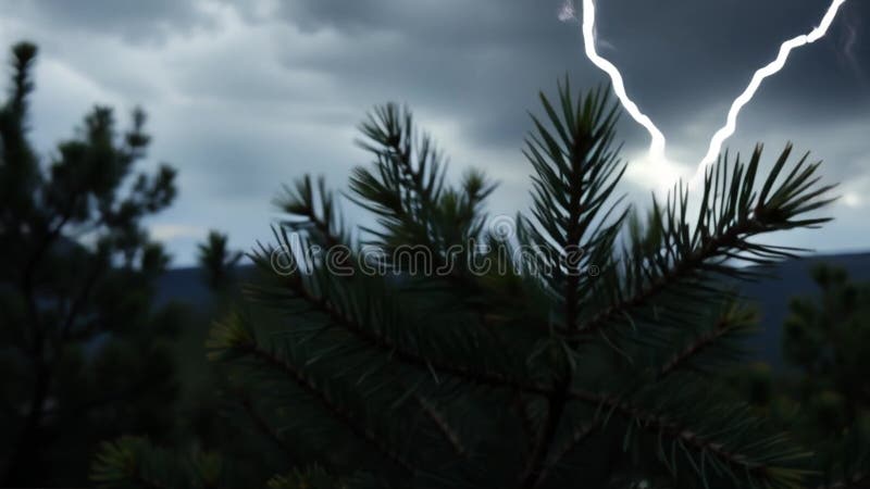 Dramatic Lightning Strike Over Silhouetted Pine Trees in Mountainous ...