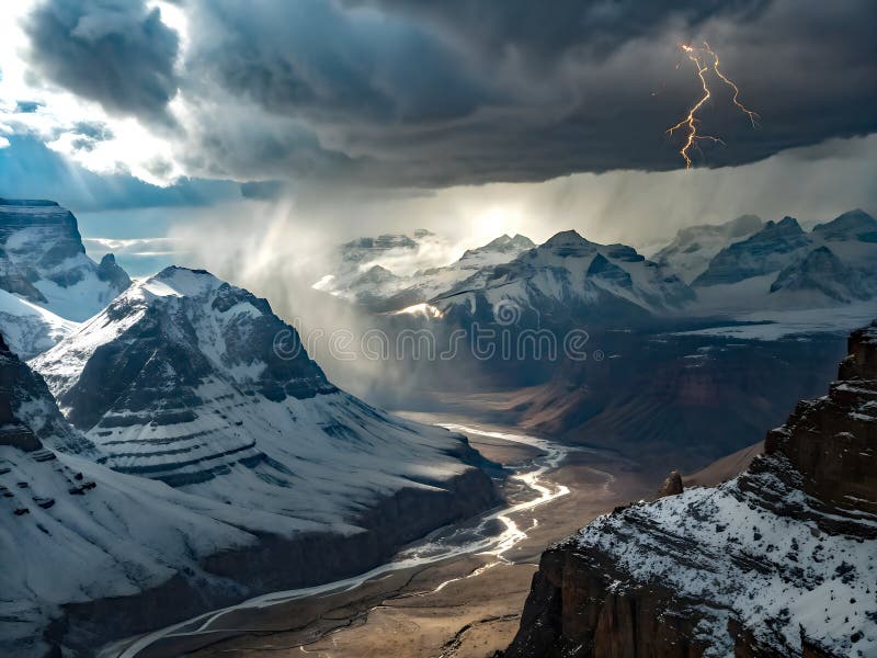 Lightning Strike Over a Snowy Canyon Landscape Stock Image - Image of ...