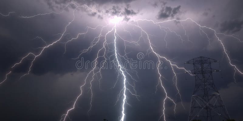 Dramatic Lightning Strike Power Tower Night Sky Storm Clouds Nature ...