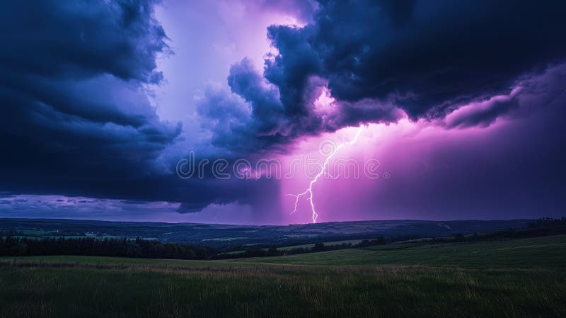 Dramatic Lightning Strike in Purple Sky Over Fields Stock Illustration ...