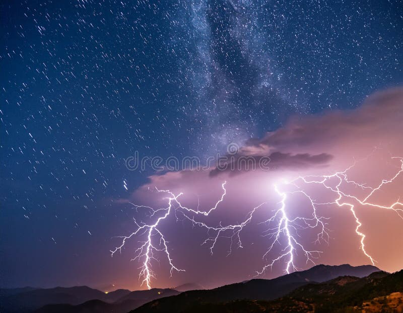 Dramatic Lightning Strike in Stormy Sky Stock Photo - Image of energy ...
