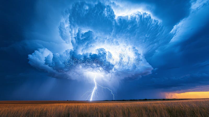 Dramatic Lightning Strike through a Stormy Sky Over a Field Stock ...