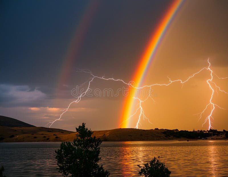 Dramatic Lightning Strike in Stormy Sky with Rainbow Stock Photo ...