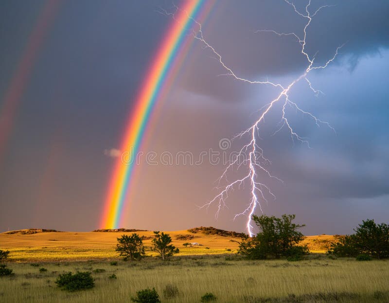 Dramatic Lightning Strike in Stormy Sky with Rainbow Stock Photo ...