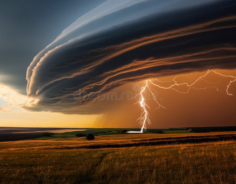 Dramatic Lightning Strike in Stormy Sky with Tornado Stock Image ...