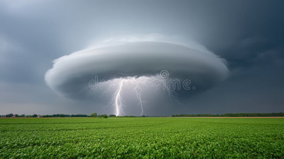 Dramatic Lightning Strike Under a Large Cloud Formation Over Fields ...