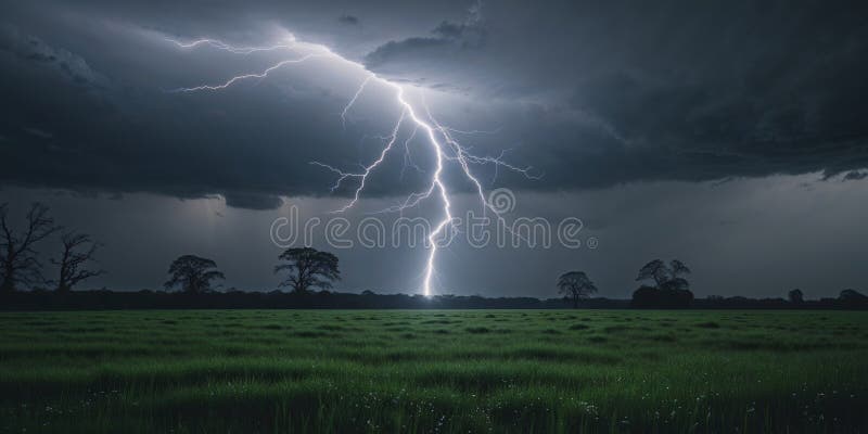 Dramatic Lightning Strike in a Vast Field during a Stormy Night. Stock ...