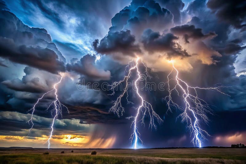 Dramatic Lightning Strikes Across a Stormy Landscape Stock Illustration ...