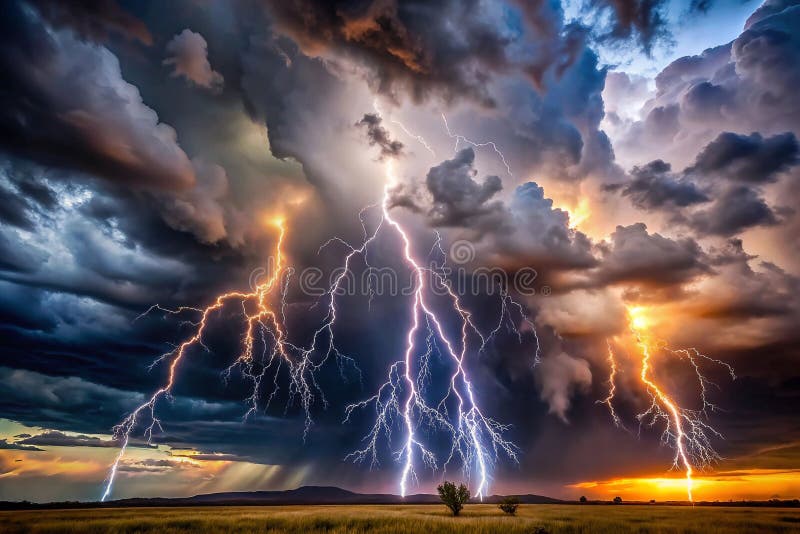 Dramatic Lightning Strikes Across Stormy Sky Over Field at Sunset Stock ...