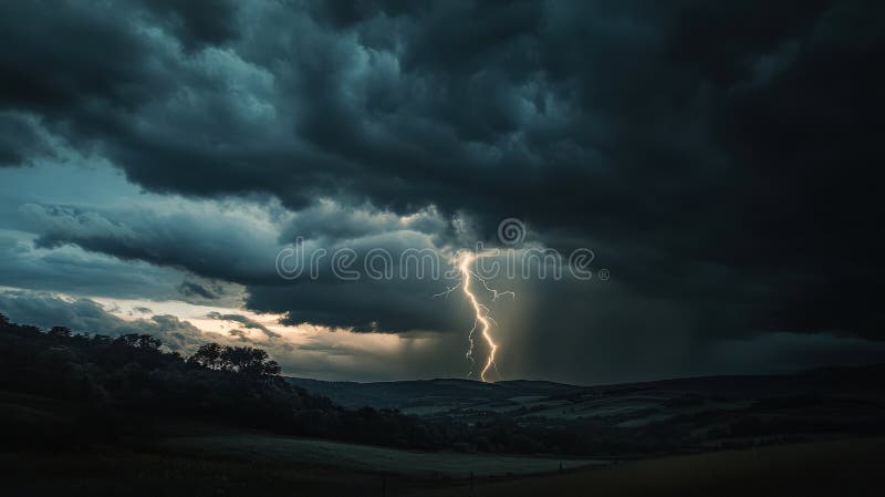Dramatic Lightning Strikes Amid Dark Clouds Over Rolling Hills during ...