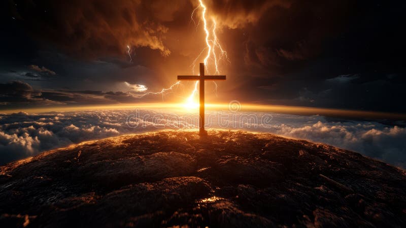 Dramatic Lightning Strikes Behind a Cross at Sunset Amidst Clouds Stock ...