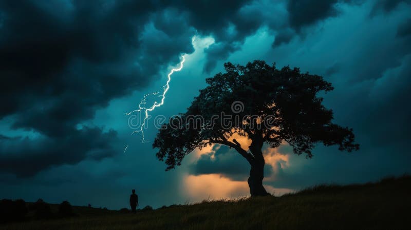 Dramatic Lightning Strikes Behind a Solitary Tree Under Dark Clouds ...