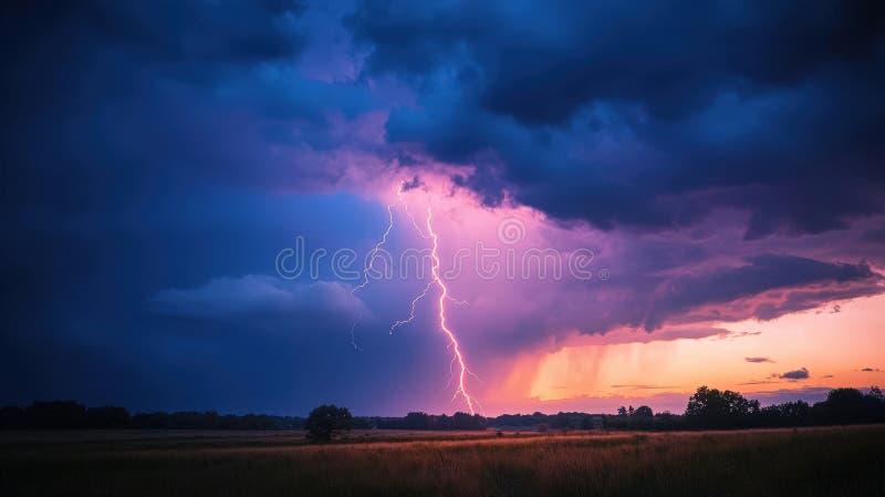 Dramatic Lightning Strikes during a Colorful Sunset Amidst Dark Storm ...