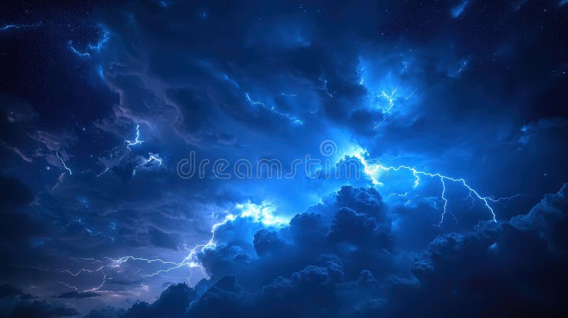 Dramatic Lightning Strikes through Dark Blue Storm Clouds at Night ...