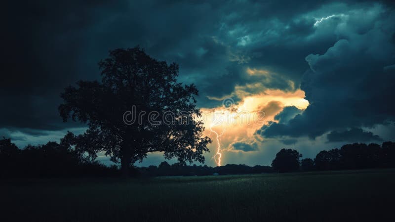 Dramatic Lightning Strikes through Dark Clouds at Dusk Over a Tree ...