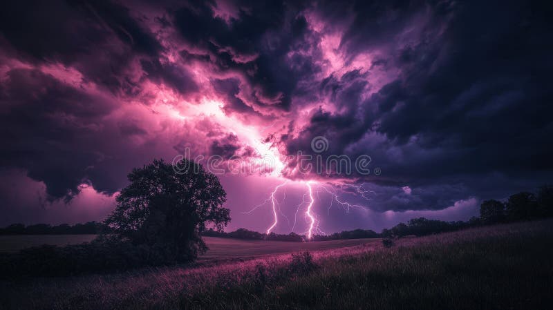 Dramatic Lightning Strikes through Dark Purple Storm Clouds at Dusk ...