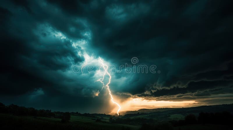 Dramatic Lightning Strikes through Dark Storm Clouds Over a Distant ...