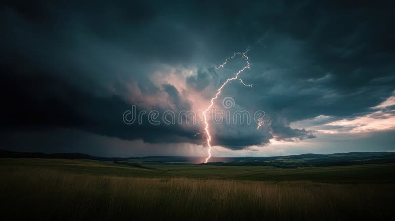 Dramatic Lightning Strikes in Dark Stormy Sky Over Green Fields Stock ...