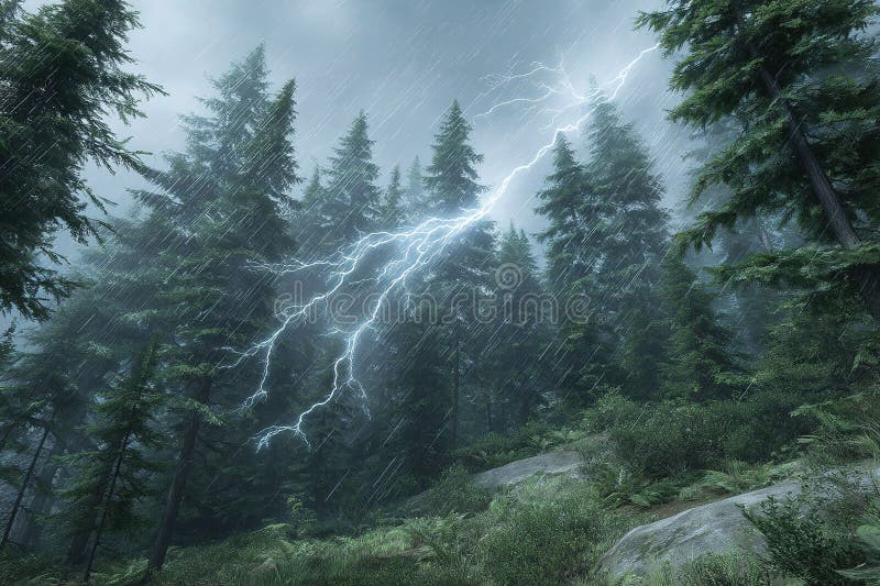 Dramatic Lightning Strikes through a Dense Forest during a Heavy ...