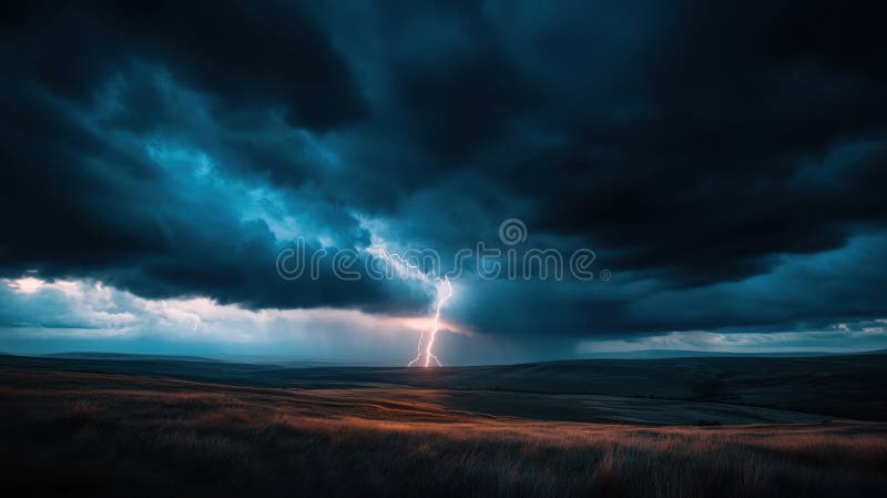 Dramatic Lightning Strikes Down through Dark Clouds Over Open Landscape ...